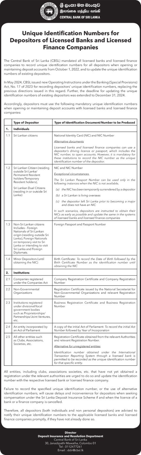 Unique Identification Numbers for Depositors - Finance